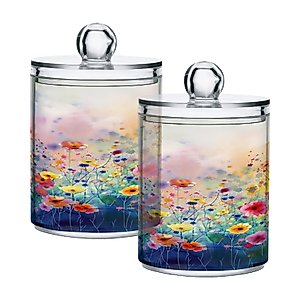 KEEPREAL Colorful Flowers Painting Qtip Holder Dispenser with Lids, 2PCS Plastic Food Storage Canisters, Apothecary Jar Containers for Vanity Organizer Storage #557