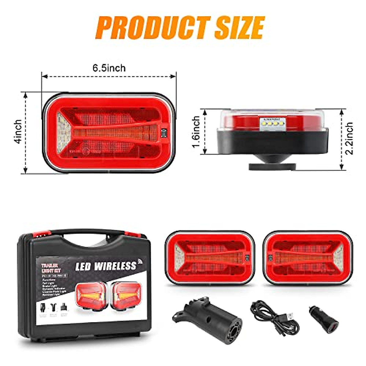 CAFOPAR Wireless Magnetic Trailer Lights Kit, LED Trailer Rear Light with 2 Charging Ways, Universal Running Stop Turn Signal License Plate Light for Tow Trucks, Caravans, Campers, RV, Boat