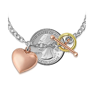 Savlano 925 Sterling Silver 14K Gold Plated Italian Toggle Heart Charm Bracelet Comes With Gift Box for Women - Made in Italy (Tri Color)