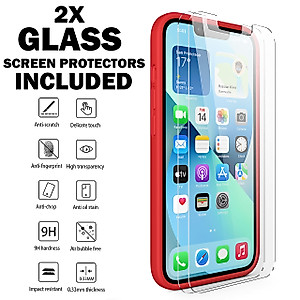 CellEver Heavy-Duty Silicone Case for iPhone 13 Mini - Two Shatterproof Glass Screen Protectors, Military Drop Protection, Scratch-Free Interior, Bright Red
