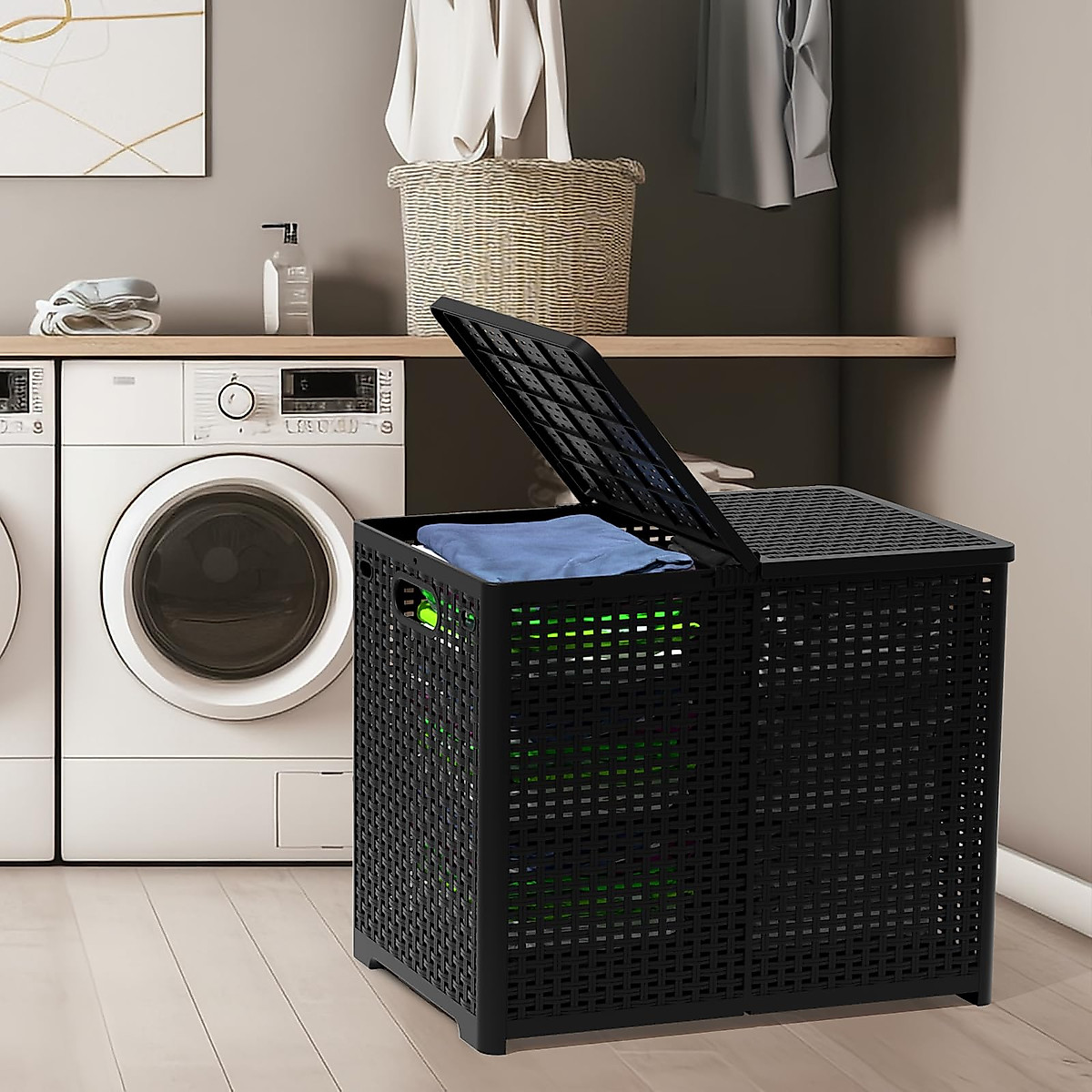 Asking 80L Collapsible 2 Section Divided Clothe Hamper, Plastic Folding Laundry Basket, Black, F