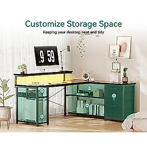 AODK 61" L Shaped Desk with Drawer, Computer Desk with Power Outlets & LED Lights, Reversible Corner Gaming Desk for Home Office Workstation, Office Desk with Monitor Shelf, Pure Black