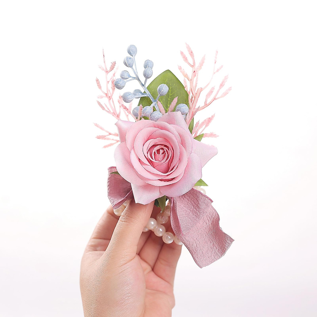 GLIDLION 2Pcs Men Boutonniere and Woman Wrist Corsage Set,Artificial Flowers Groom/Groomsman Boutonniere Pins,Bride/Bridesmaid Wrist Corsage for Wedding Party Homecoming Prom (Dusty Pink)