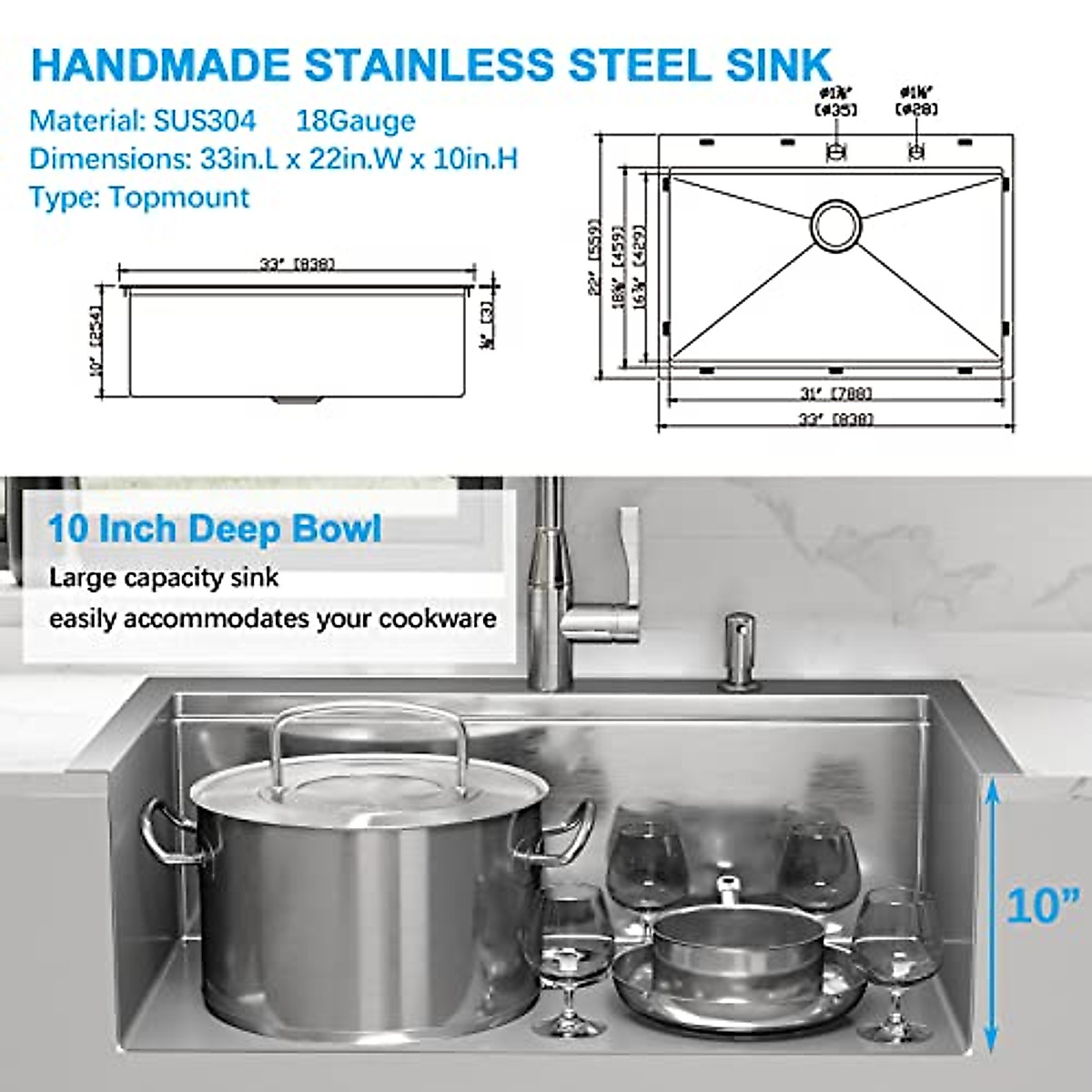 AGABOK 33 Inch Drop In Kitchen Sink, 33x22 Inch Topmount Workstation Sink with Ledge, 18 Gauge SUS304 Stainless Steel Kitchen Sink, 10 Inch Deep Handmade Single Bowl Kitchen Sinks with Accessories
