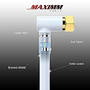 Coaxial Cable RG6, with a Right Angle 90° Connector, 1.5 ft, Coax Cable F-Type Triple Shielded Coax Cable 1.5 Feet (White)