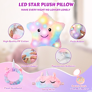 Unicorns Gifts for Girls 5 6 7 8 9 10+ Years Old, Kids Unicorn Toys with Light Up Plush Star Pillow/ Diary/ Headband/ Eye Mask/ Water Bottle, Soft Plush Toys Set for Teens Birthday Gifts Christmas