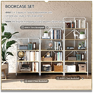 4NM No Assembly Folding Bookshelf, 5 Tier Vintage Industrial Book Shelf,Metal Foldable Storage Bookcase and Bookshelves for Living Room,Bedroom and Kitchen - Natural