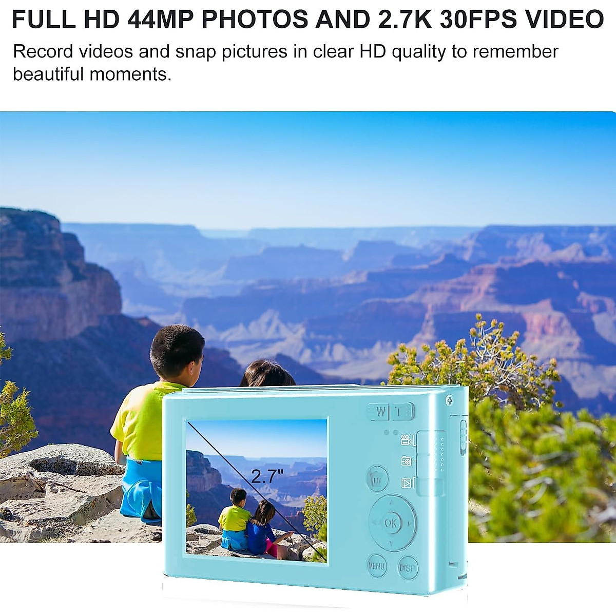 eDealz 44MP Digital Camera Compact Point & Shoot Camera, 16X Zoom, 32GB SD Card, Card Reader 6" Tripod and 6PC Card Holder Kids Camera 2.4" Screen, Vlogging Camera for Teens, Kids, Adults (Blue)