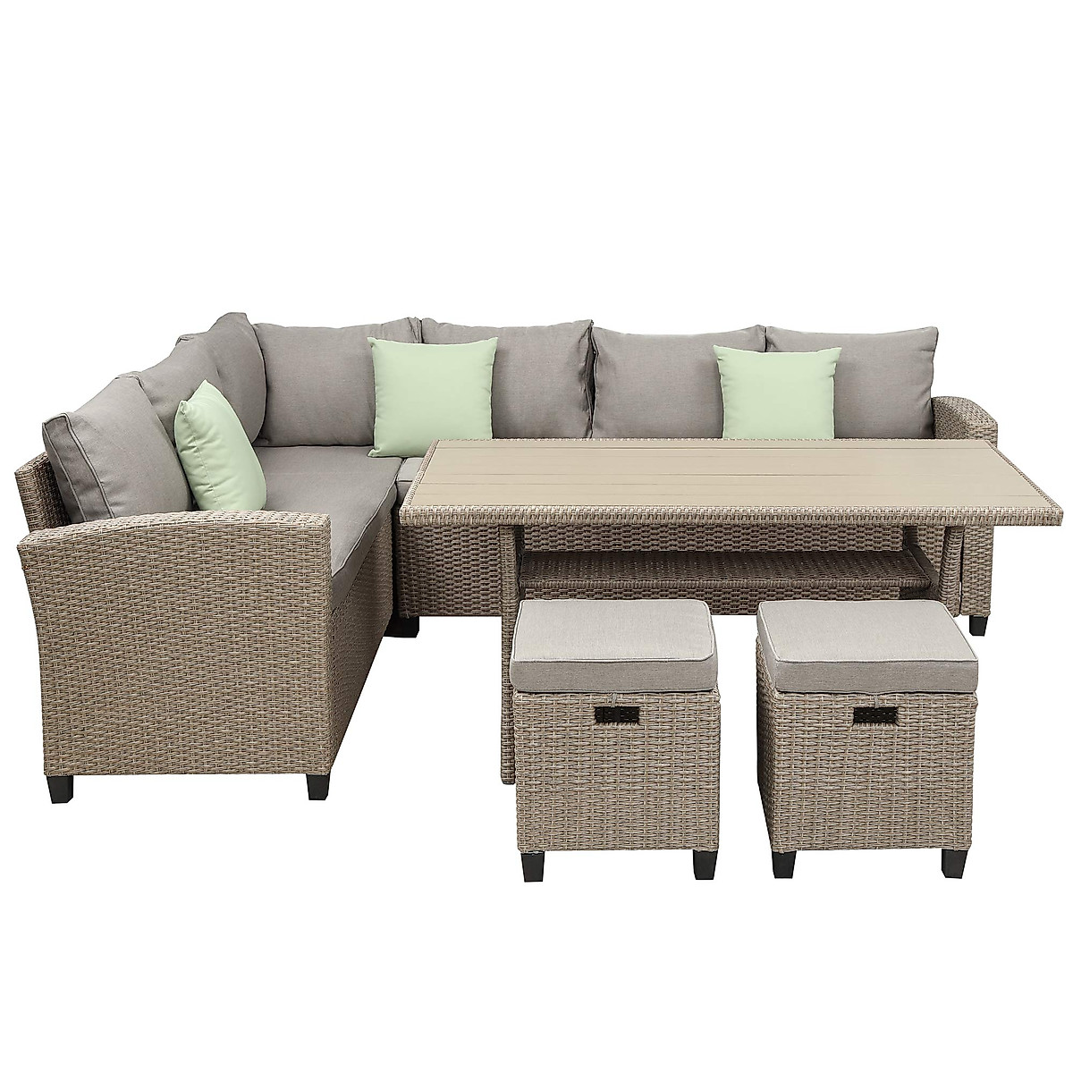 LZ LEISURE ZONE Patio Dining Table Set, Outdoor Furniture PE Rattan Wicker Conversation Set, All-Weather Sectional Sofa Set with Table & Soft Cushions (Beige Brown, 5 Piece)