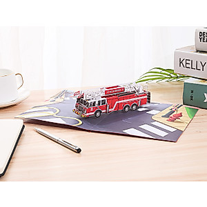 Liif Fire Truck 3D Greeting Pop Up Card, Birthday Card For Kids, Firemen, Men, DAD, Son, Boy, Retirement, Firefighter, Thank You | With Message Note & Envelop