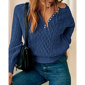 KIRUNDO Womens Sweaters 2024 Fall Winter Henley Long Sleeve Button Crew Neck Cable Knit Loose Cropped Sweater Pullover(Blue, Medium)