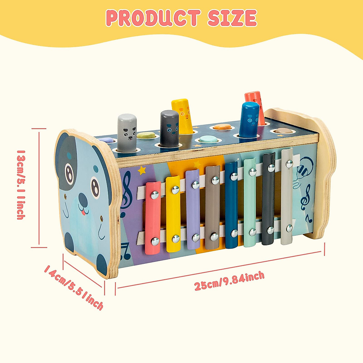 kogabanny Wooden Hammering Toy, Educational Pegs Pound Maze Puzzle Number Sorter Musical Toy with Xylophone, Hammers, Mallets, for Kids