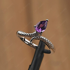 LUO S925 Sterling Silver Snake Ring Pear Shaped 7X5 MM Amethyst Ring Retro Animal Ring for Women US Size 4