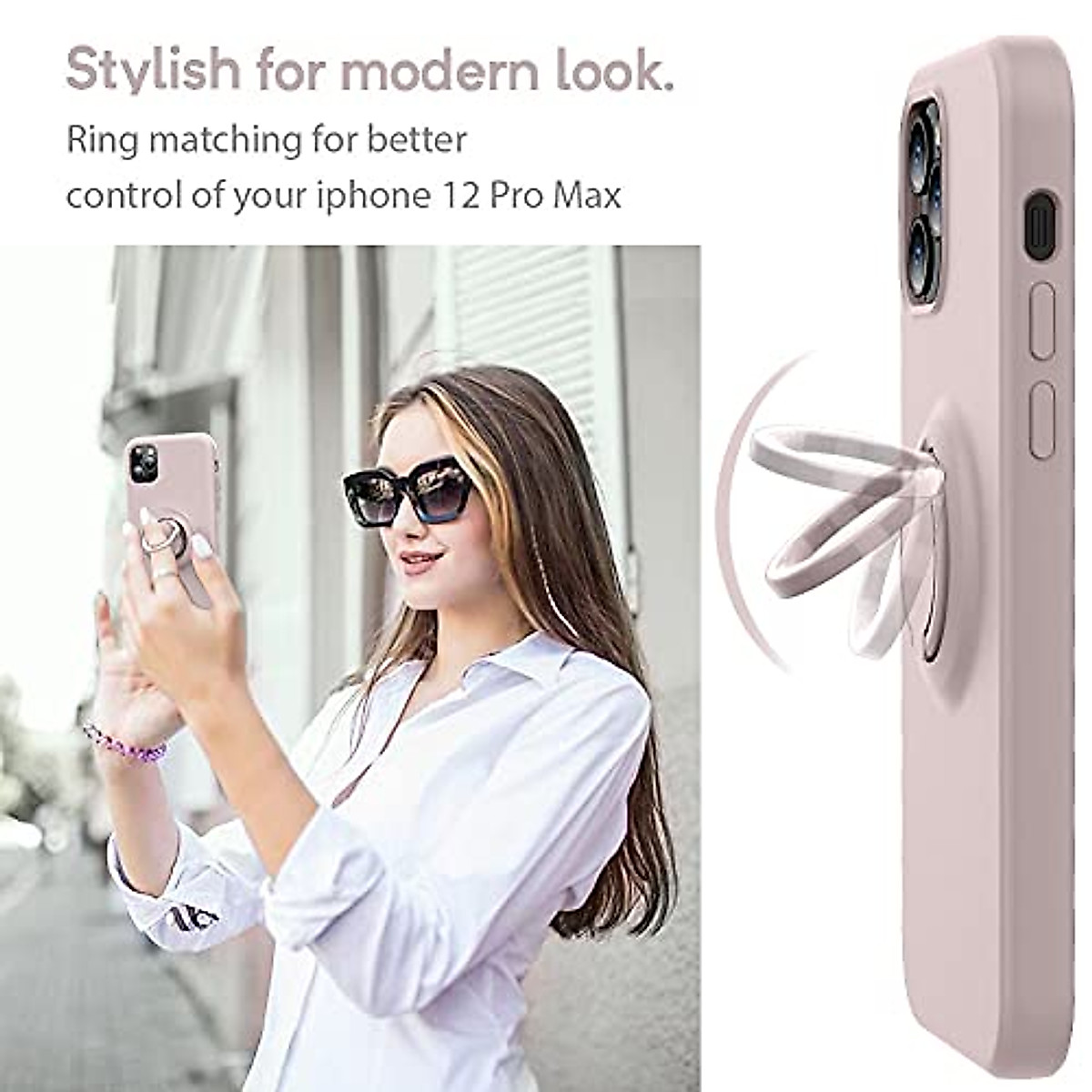 MOCCA Compatible with iPhone 12 Pro Max Phone Case 6.7 inch with Ring Kickstand | Super Soft Microfiber Lining | Anti-Scratch Full-Body Shockproof Protective Case for iPhone 12 Pro Max - Pink Sand