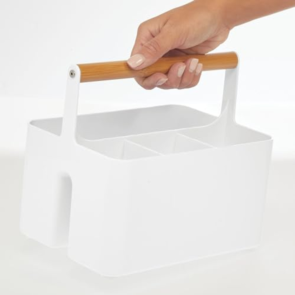 mDesign Plastic Portable Storage Organizer Kitchen Caddy Tote, Divided Bin w/Wood Handle for Napkins, Silverware, Forks, Knives, Spoons - Store in Cabinets, Counters - Aura Collection - White/Natural