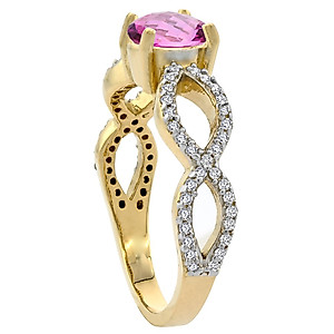 PIERA 10K Yellow Gold Natural Pink Topaz Ring Round 6mm Infinity Diamond Accents, size 6