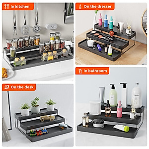 INVOCOO Expandable Spice Rack Organizer for Cabinet - 3 Tier Adjustable Cabinet Spice Organizer Easy Visibility - Spice Organizer for Cabinet Countertop Cupboard Pantry Organization (Black)