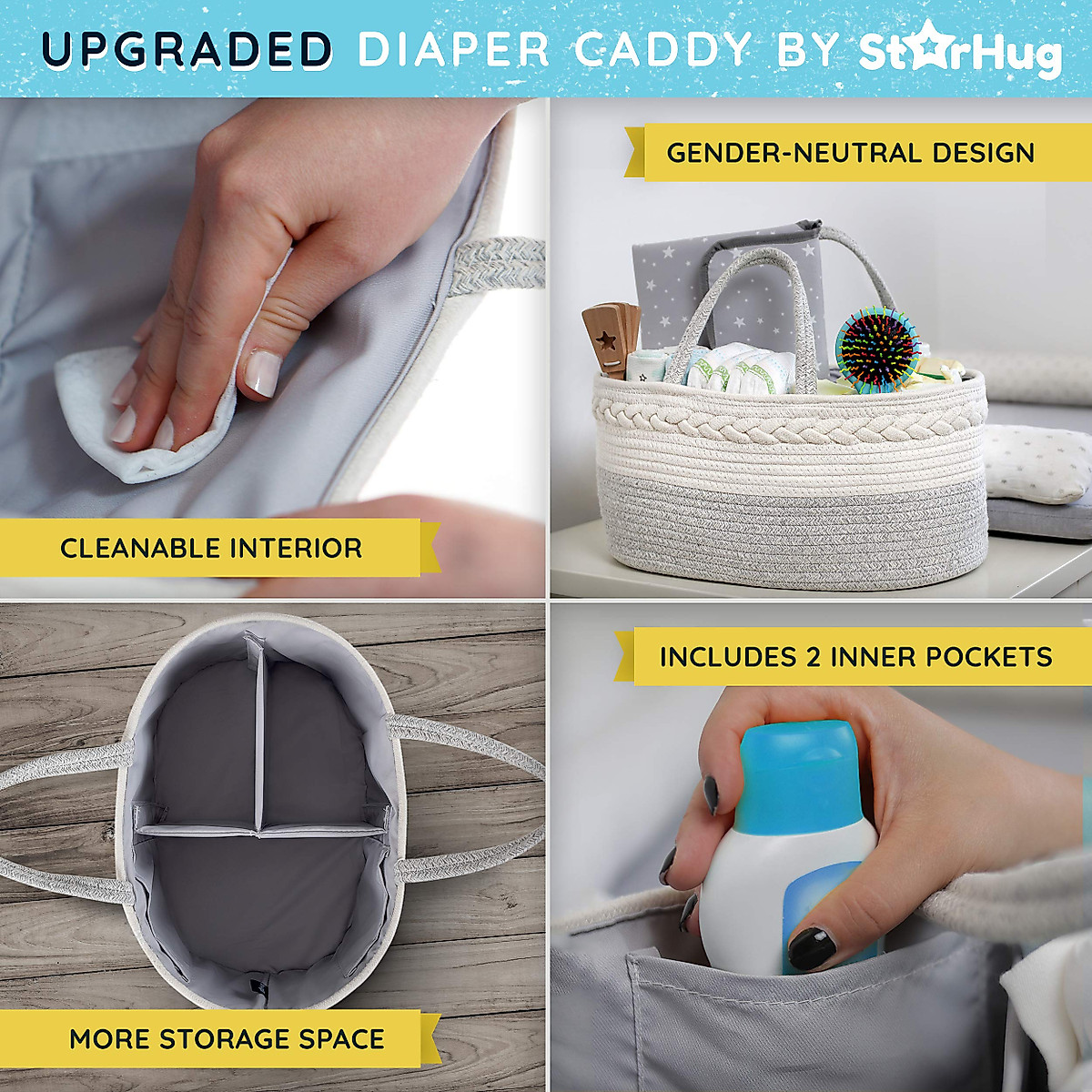 StarHug Baby Diaper Caddy Organizer – Baby Shower Basket with 2 Inner Pockets, Cleanable Interior, 100% Cotton Rope, Eco-Friendly, Large
