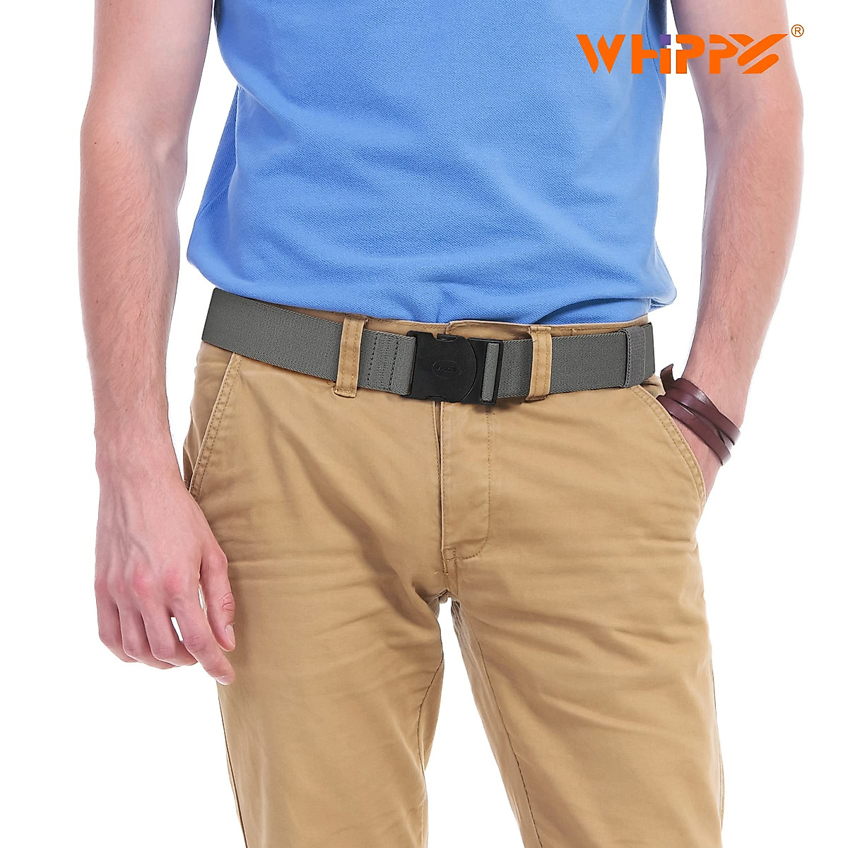 WHIPPY Mens Elastic Stretch Belt Unisex Adventure Web Belt for Women Men with Non-Metal Buckle Adjustable Belts, Gray, 43 Inches