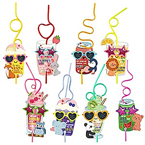 3sscha 32 Packs Valentine’s Day Cards with Crazy Straws for Kids, Sweet Drink and Cute animal Card, Reusable Plastic Loop Straw, Valentine Exchange gifts for Classroom School Party Supplies Game Prize