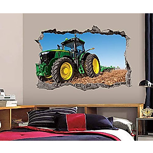 Green Tractor Wall Decal Art Decor 3D Smashed Concrete Farm Sticker Kids Bedroom Mural Custom Gift UP26 (24"W x 16"H)
