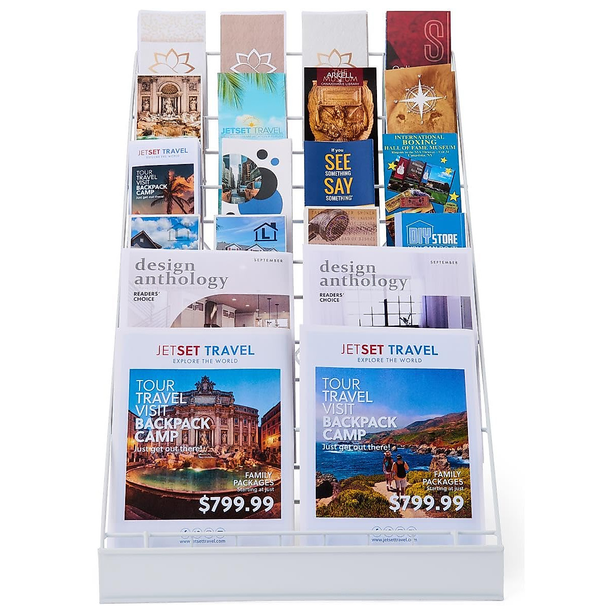 Displays2go Wire Magazine Rack with 6 Open Tiers, Holds Both Magazines and Brochures, Includes Sign Channel at the Front - White Wire