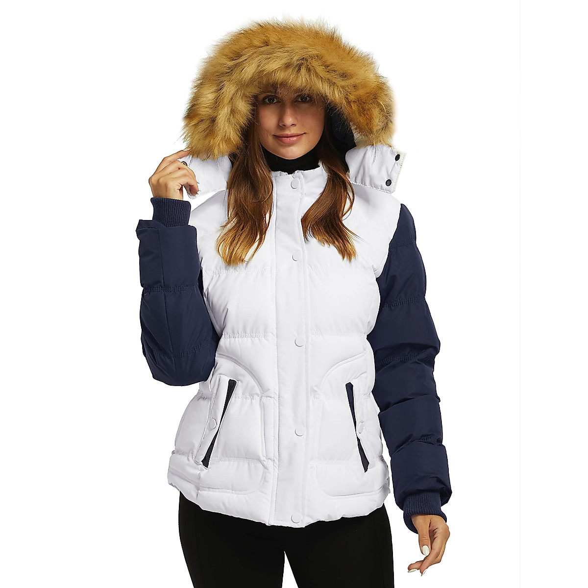 wantdo Women's Insulated Puffer Jacket Warm Heavy Insulated Coat (White & Navy, Medium)
