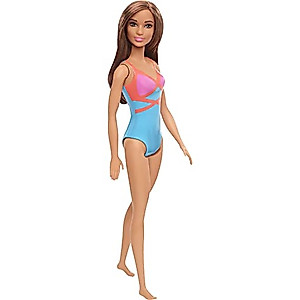 Barbie Doll, Brunette, Wearing Blue, Pink and Orange Swimsuit, for Kids 3 to 7 Years Old