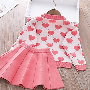 2pcs Toddler Kids Baby Girl Clothes Set Tweed Plaid Long Sleeve Button Top Coat Pleated Mini Tutu Skirts Winter Autumn Outfits Little Girls Sweater Sets Suéter de Niña Pequeña Pink Heart 18-24Months