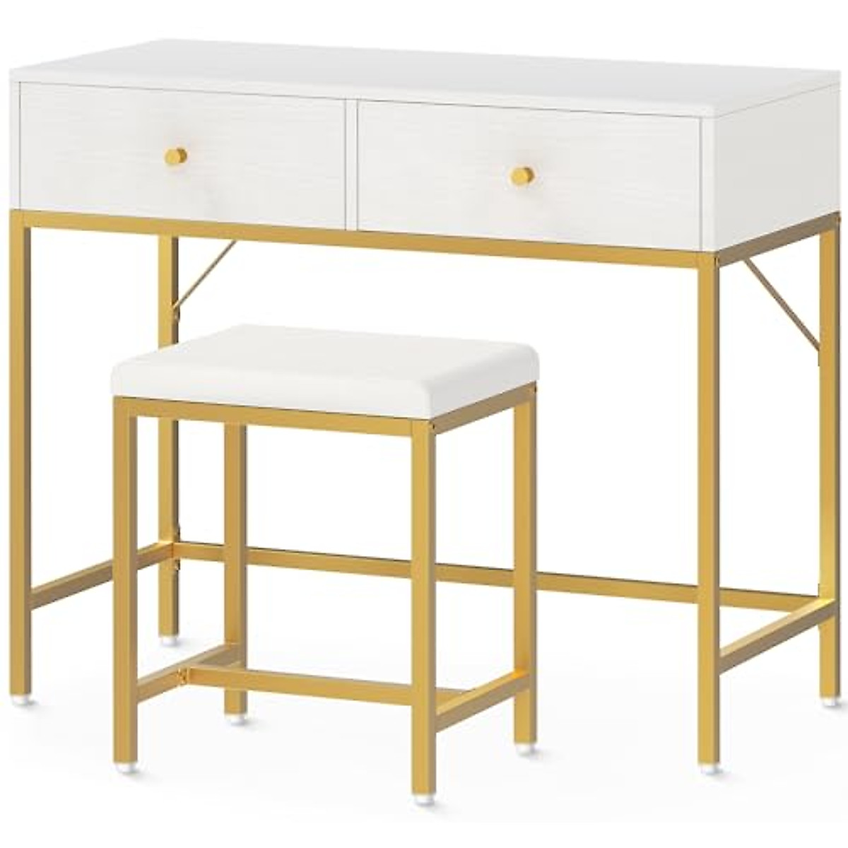 SUPERJARE 35.4" White and Gold Desk with 2 Drawers, Modern Makeup Vanity Desk with Padded Stool, Small Computer Desk Home Office Desk for Writing Study Bedroom