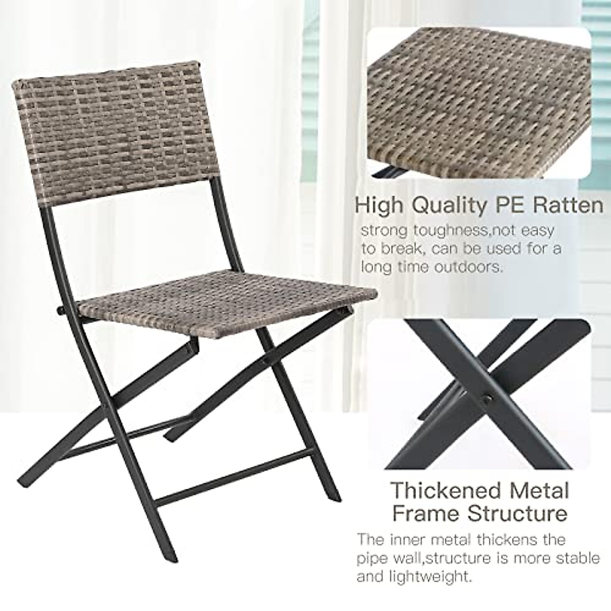 NURTUDIS 3pcs Folding Patio Bistro Set,Outdoor Rattan Bistro Table and Chairs,Wicker Outdoor Chair Furniture Set with 1 Table & 2 Chairs,No Assembly for Garden,Porch,Balcony,Courtyard,Lawn (Grey)