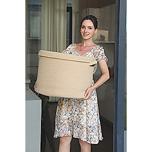20" x 20" x 15" Extra Large Storage Basket with Lid, Cotton Rope Storage Baskets, Laundry Hamper, Toy Bin, for Toys Blankets Pillows Storage in Living Room Baby Nursery, Basket with Cover, All Beige