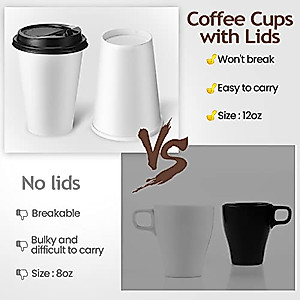 EBOOT 200 Pack Disposable White Paper Coffee Cup with Lids to Go Coffee Cups Bulk Hot/Cold Beverage Drinking Cups, Hot Paper Cups Bundle for Party Travel Home Restaurant Cafe (12 OZ)