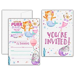 Cat Mermaid Birthday Invitations, Purrmaid Birthday Party Invitation Card, Kitten Birthday Party Favors & Celebration Supplies(20 Set of Invitations with Envelopes)-B11