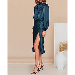 PRETTYGARDEN Women Fall Formal Mock Neck Long Sleeve Satin Dress Elastic Waist High Slit Midi Wedding Guest Dresses 2023(Solid Dark Blue,Medium)