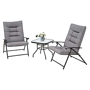 SUNCROWN 3-Piece Outdoor Furniture Patio Padded Folding Chair Set Patio Bistro Set Foldable Adjustable Reclining Lounge Chair with Coffee Table, Grey
