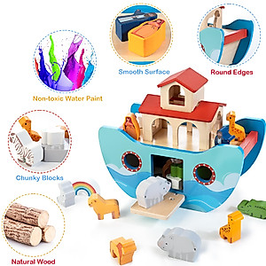 JUSTWOOD Wooden Noah's Ark Toy Animal Play Set, Bible Story Toys Baptism Gift for Boys and Girls, Baby Shape Sorter Toy, Comply with 2025 New ASTM F963-23