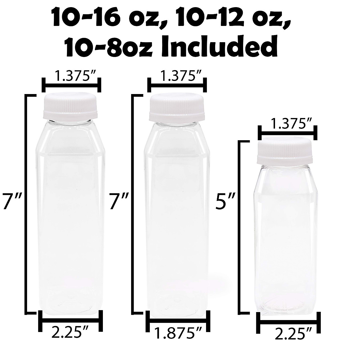 30 Pack of Empty Bottles, Plastic Bottles with Lids, Includes 10 Each Of 8 oz Bottles, 12 oz Bottles, and 16 oz Bottles, Plastic Milk Bottles With Tamper Proof Bottle Caps Lids Great Juice Bottles