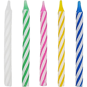 Mighty Merchandise Unscented Traditional Birthday Candles (Pack of 144) - Yellow, Blue, Pink, Green and White Stripped Colors - 4 Boxes of 36