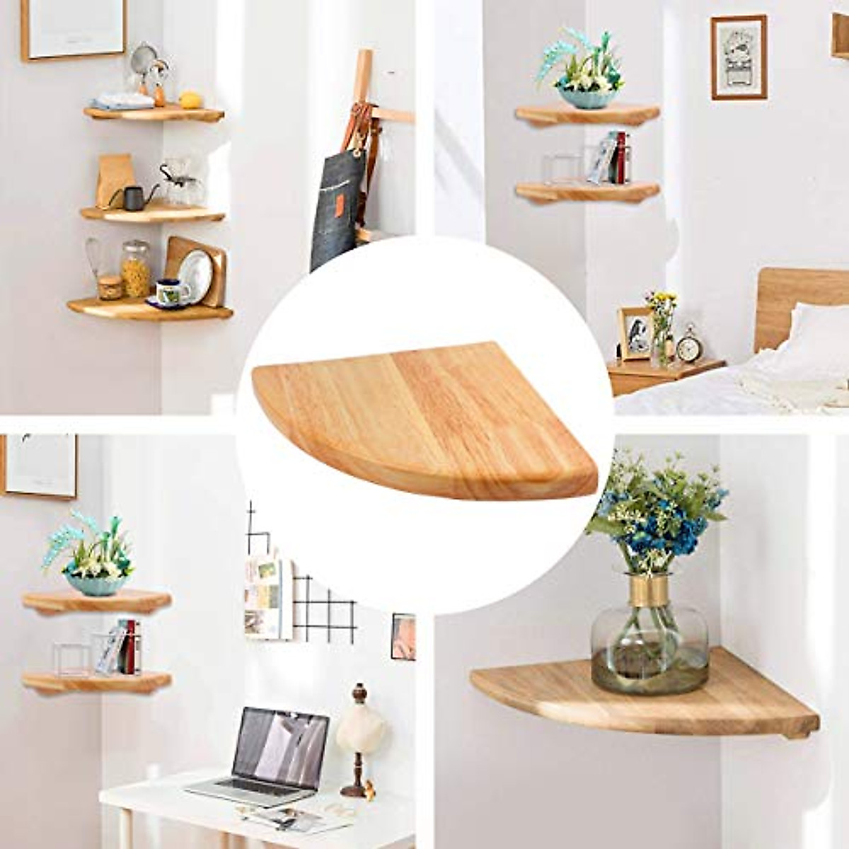 BESPORTBLE Wall Mounted Floating Corner Shelves Wooden Wall Display Storage Rack Organiser for Home Bedroom Living Room 18cm
