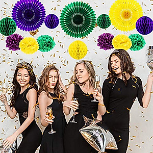 17 Pieces Gold Purple Green Party Decoration Kit Includes Honeycomb Balls Pom Poms Paper Flower Hanging Paper Fans Glitter Circle Garlands Banner for Mardi Gras Birthday Wedding Party Decoration