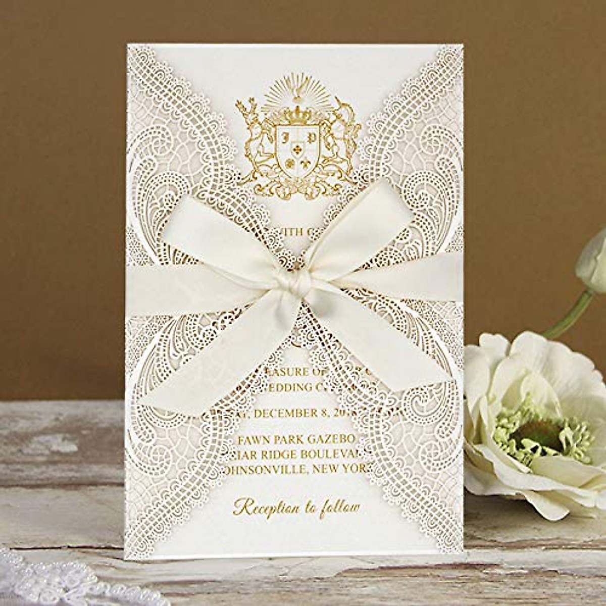 Picky Bride 25-Pack Ivory Laser Cut Lace Wedding Invitations Wraps with Shimmer Insert and Ribbon Bow, Elegant Invite Cards for Wedding/Bridal Shower/Birthday Party, 125 x 185mm (25 Invitations)