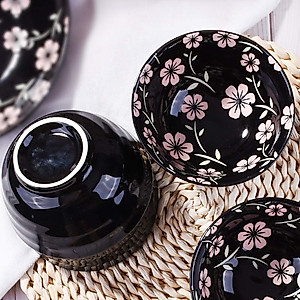 Whitenesser Japanese Style Rice Bowls set of 4, Ceramic Rice Bowls for Soup Cereal Oat (4, Black Sakura)