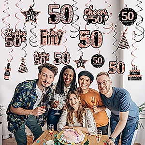 30Pcs Rose Gold 50th Birthday Hanging Swirl Decorations for Women, Cheers to 50 Years Birthday Foil Swirls Party Supplies, Fifty Bday Ceiling Hanging Sign Decor