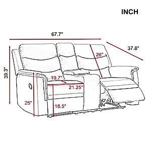 FULife 2 Seaters Manual Wall Hugger Chair RV Sofa Loveseat Sofá,PU Leather Double Reclining Sectional Couch with Cup Holders&Center Console for Living Room/Apartment/Office/Theater
