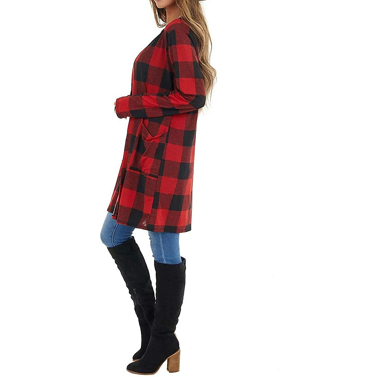 Dressmine Women's Long Sleeve Open Front Cardigan Buffalo Plaid Knitted Maxi Sweater Coat Outwear Red X_Large