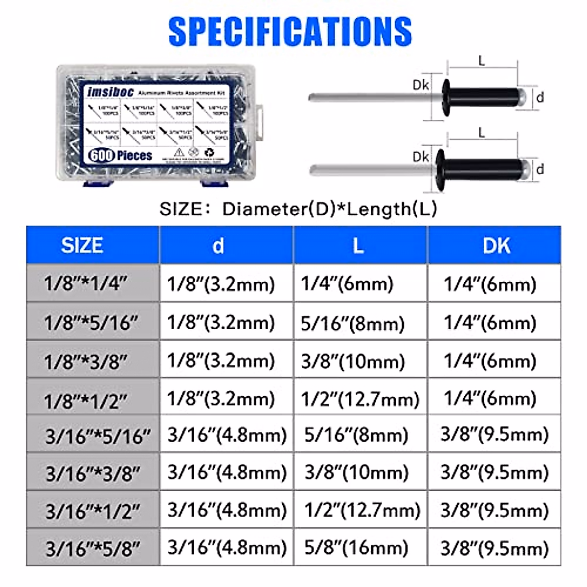 600PCS Black Pop Rivets, 8 Sizes of Aluminum Blind Rivets Assortment Kit（1/8" x 1/4", 5/16", 3/8", 1/2"; 3/16" x 5/16", 3/8", 1/2", 5/8"）