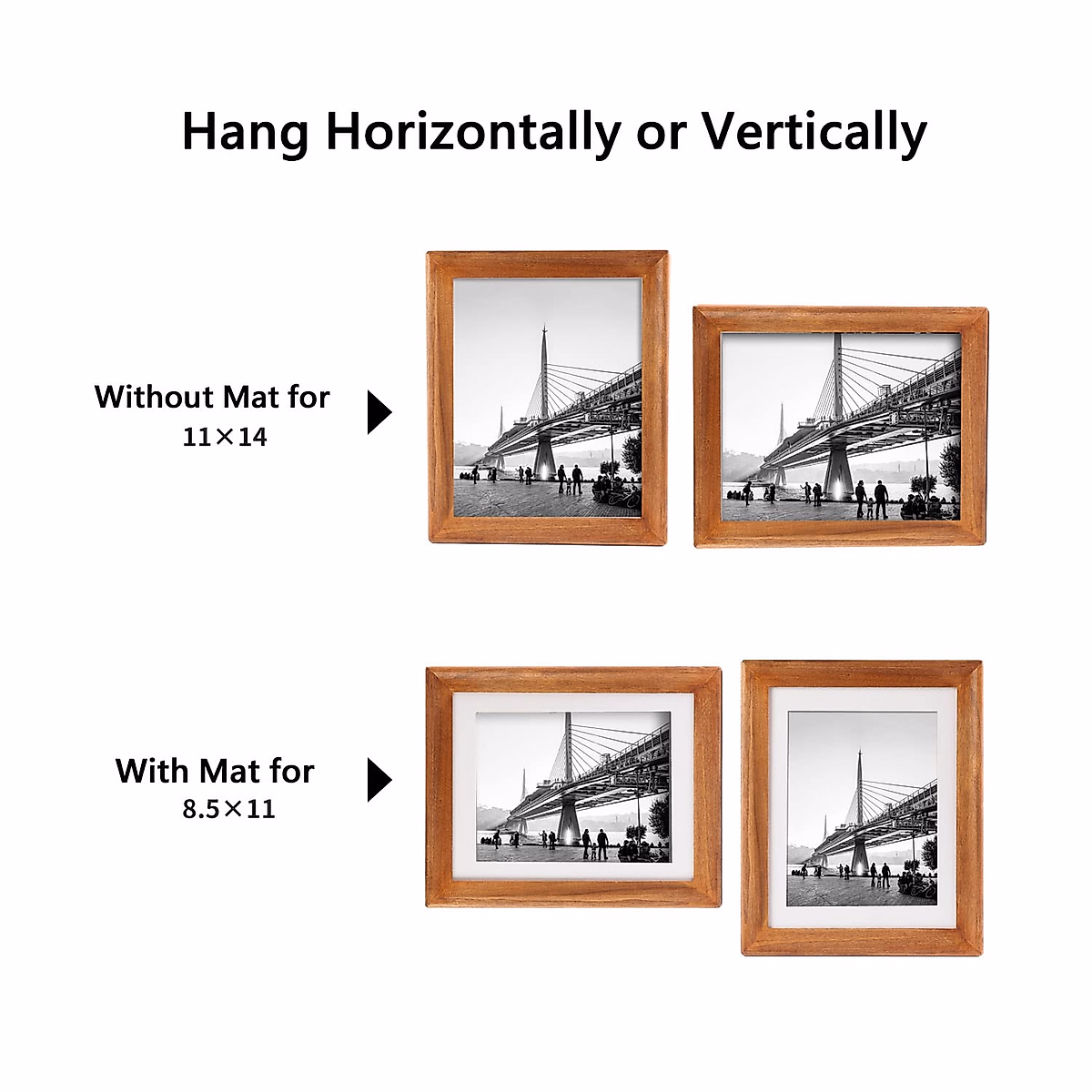 Fzyonghe 11x14 Picture Frame Display Pictures with Mat 8.5x11 or 11x14 Without Mat,Vertical or Horizontal for Wall or Tabletop Display