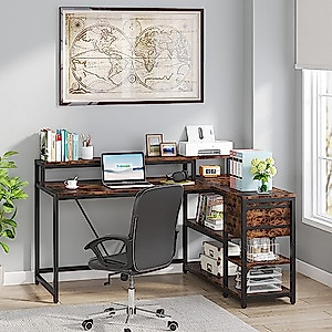 Tribesigns Reversible L Shaped Desk with Drawer, Industrial Corner Desk Home Office Table with Storage Shelves and Monitor Stand, Rustic Wooden and Metal PC Desk for Small Space (Rustic)