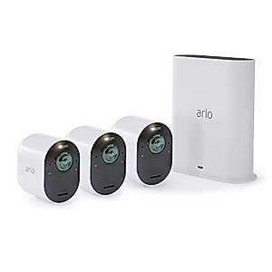 Arlo Ultra - 4K UHD Wire-Free Security 3 Camera System | Indoor/Outdoor with Color Night Vision, 180° View, 2-Way Audio, Spotlight, Siren | Compatible with Alexa and Homekit | (VMS534) (Renewed)